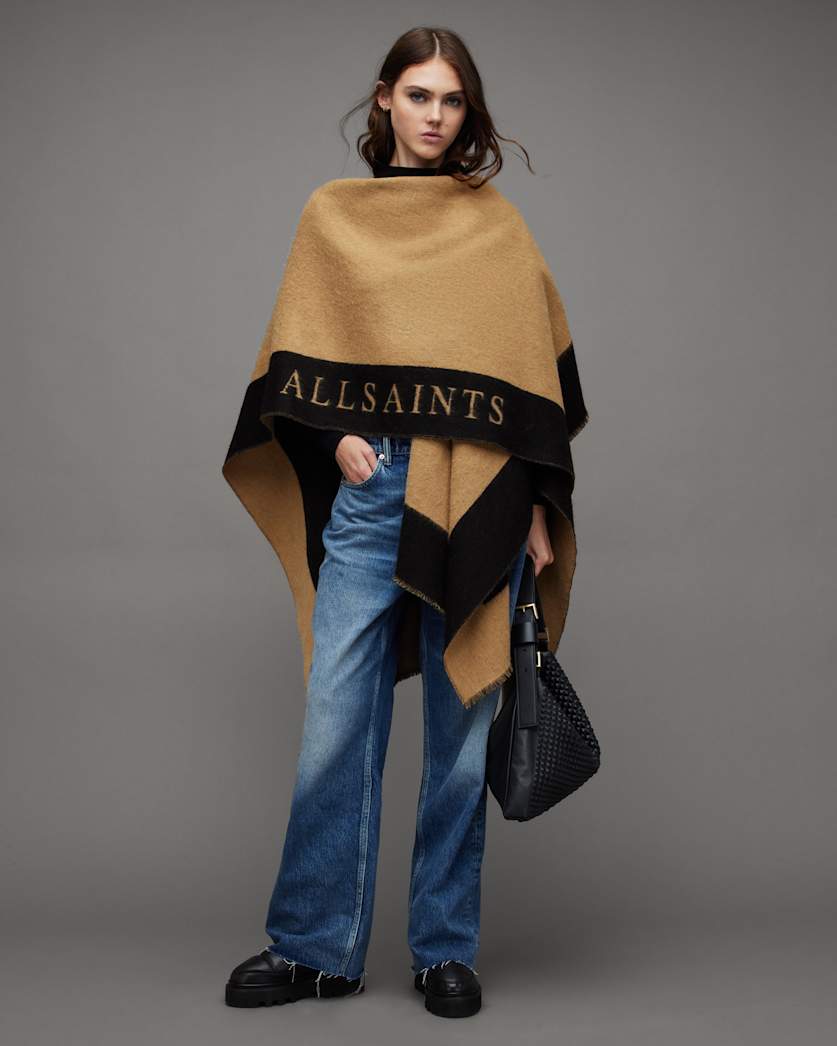 Saints Border Logo Wool Ruana Scarf CAMEL/BLACK | ALLSAINTS